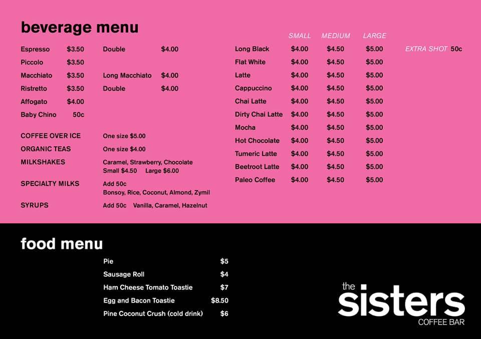 Menu at Two Sisters Coffee Bar, Cooee Bay