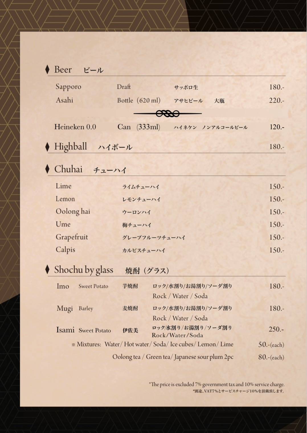Menu at UNAKICHI うなきち restaurant, Bangkok