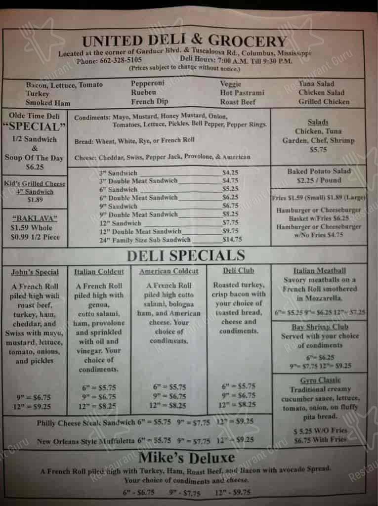 Menu at United Deli & Grocery restaurant, Columbus