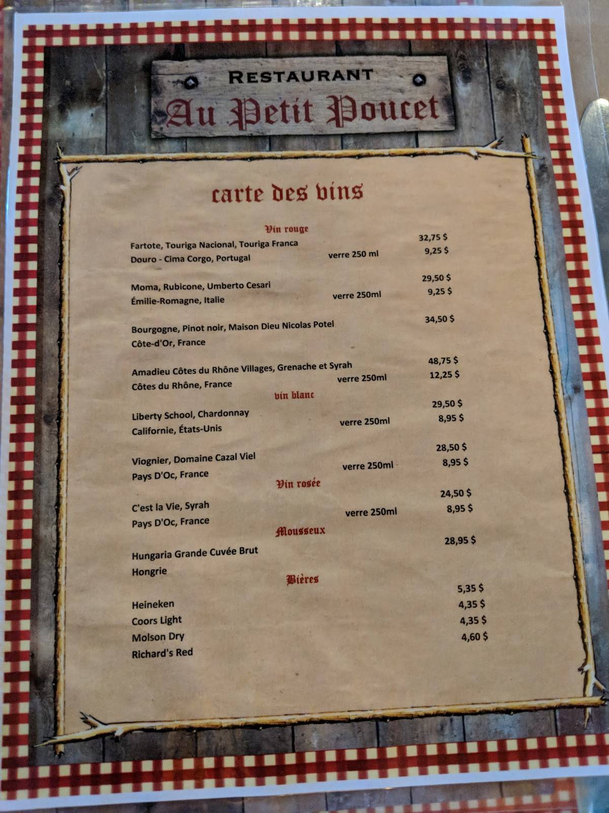 Menu au RESTAURANT AU PETIT POUCET, Val-David