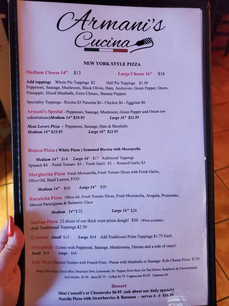 Menu at Armani's Cucina pub & bar, Vero Beach