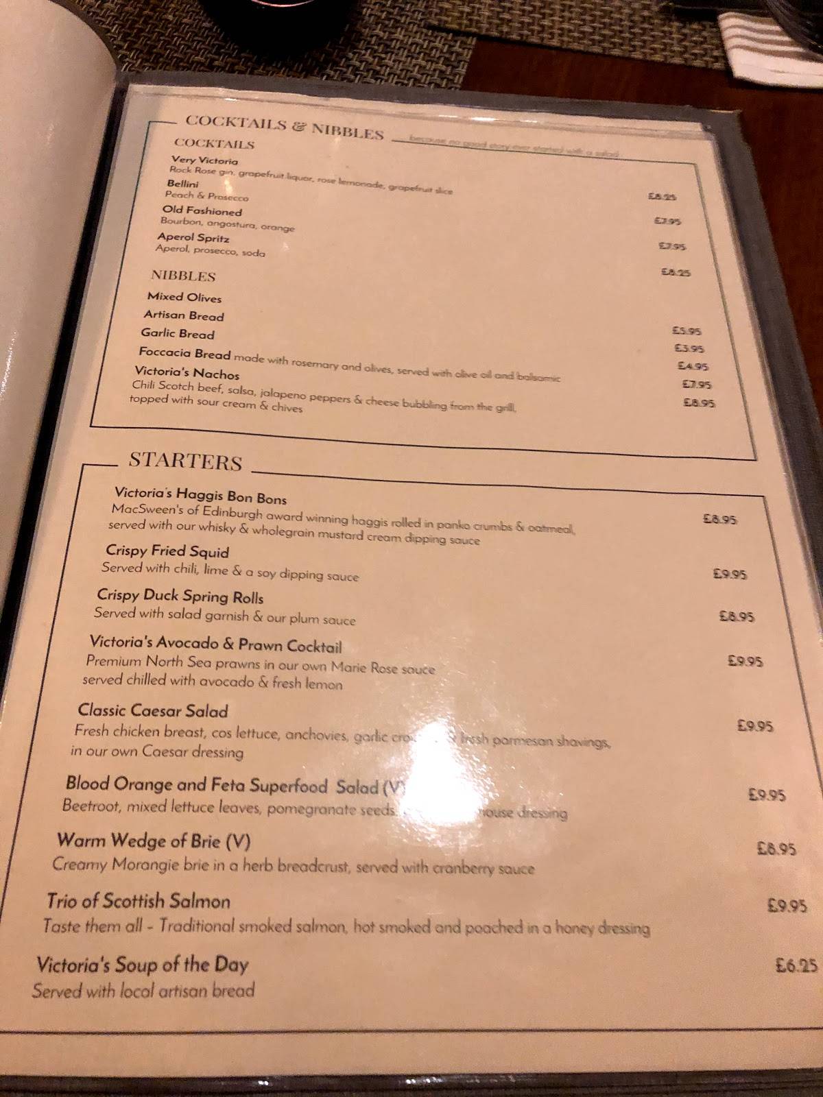 Menu at Victoria's Restaurant, Pitlochry
