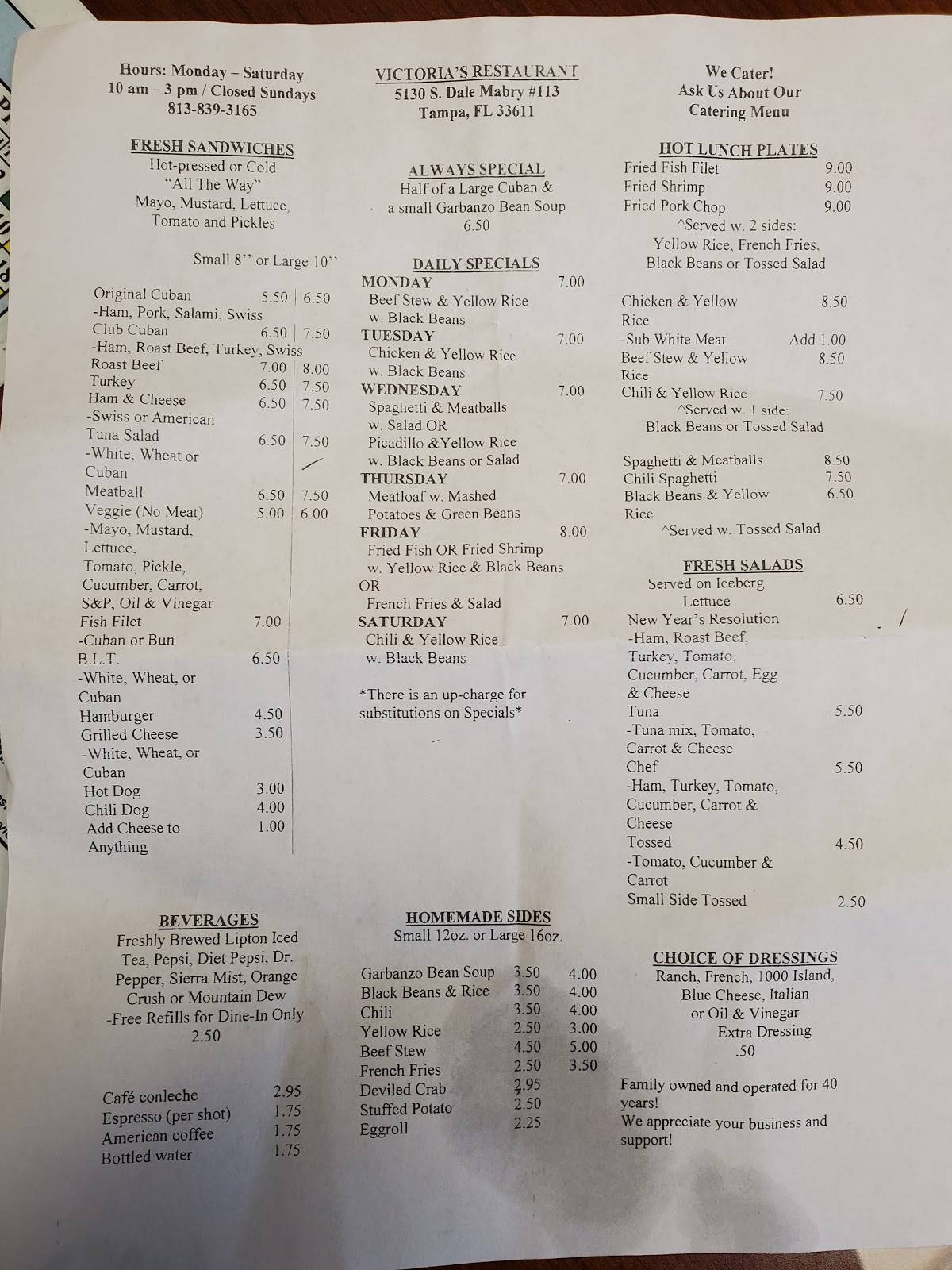Menu at Victoria's Restaurant, Tampa
