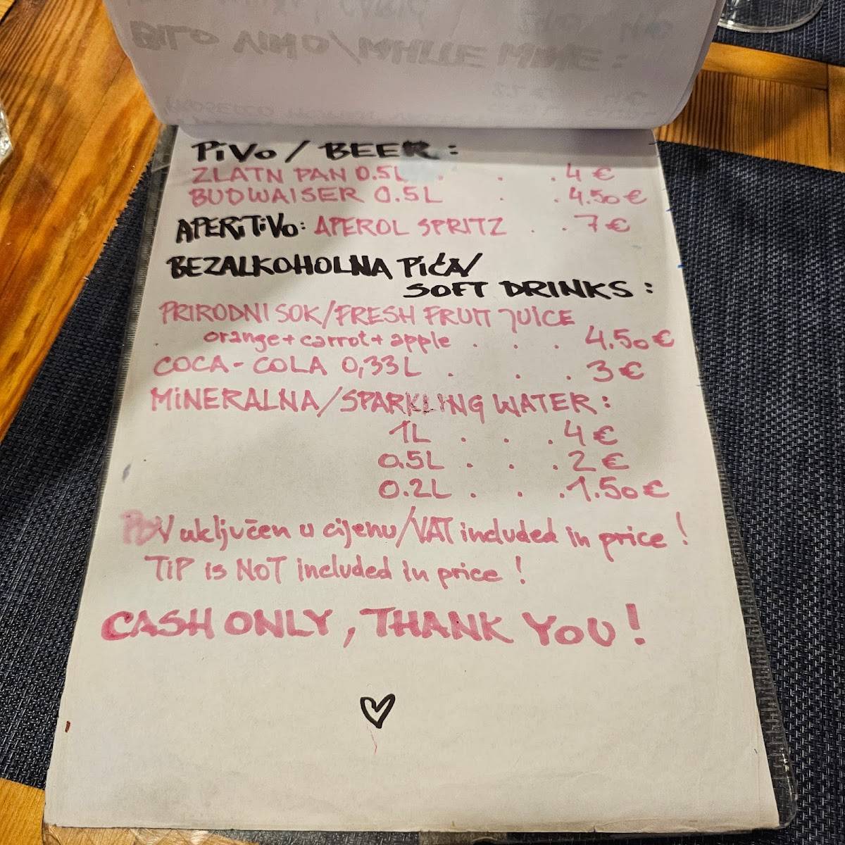 Menu at Villa Spiza restaurant, Split