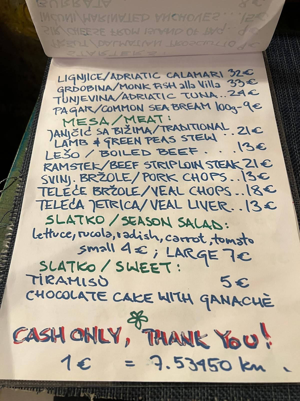 Menu at Villa Spiza restaurant, Split