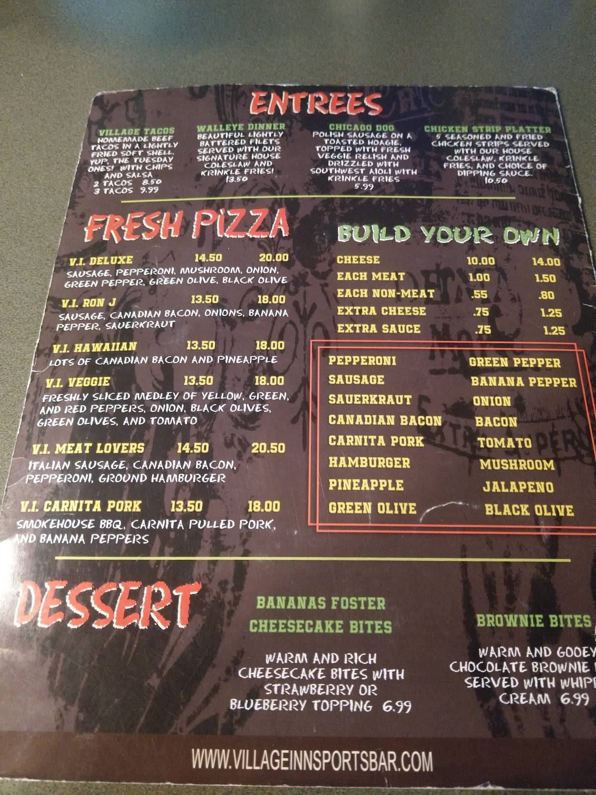 Menu at Village Inn Sports Bar, Grill & Pizzeria, North Hudson