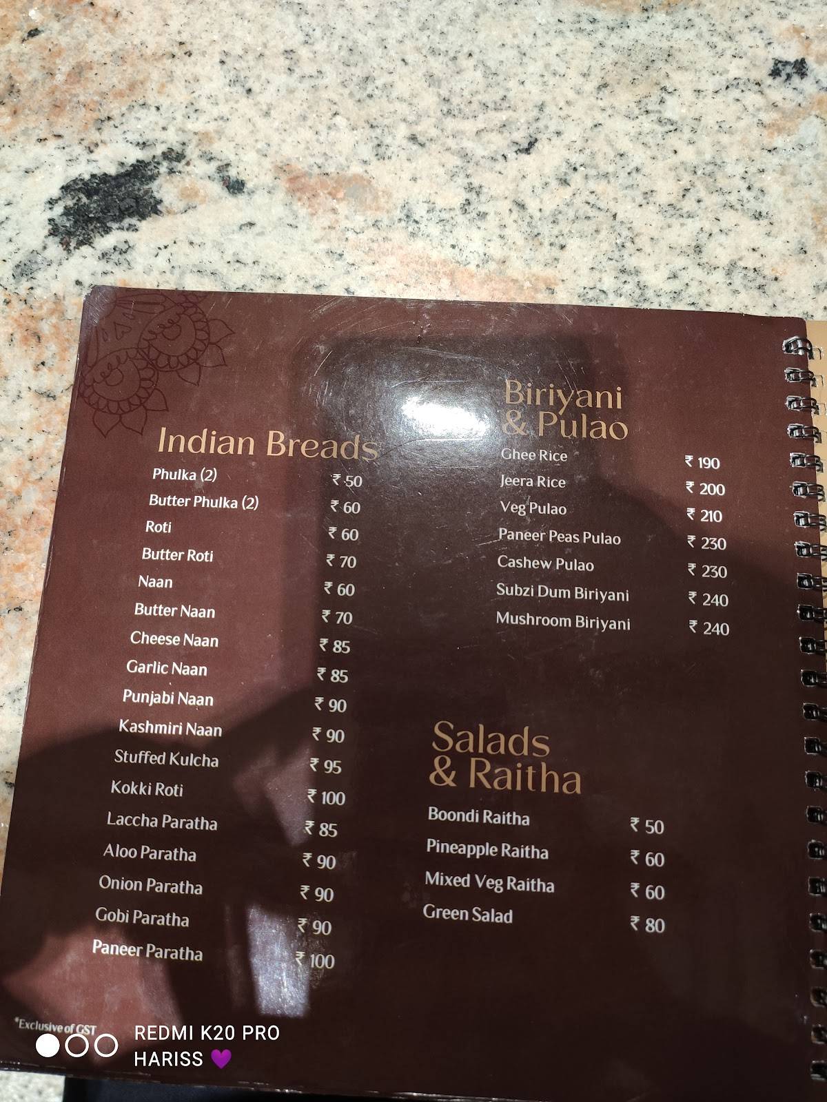 Menu at Vilwadri's Amirtham, Salem