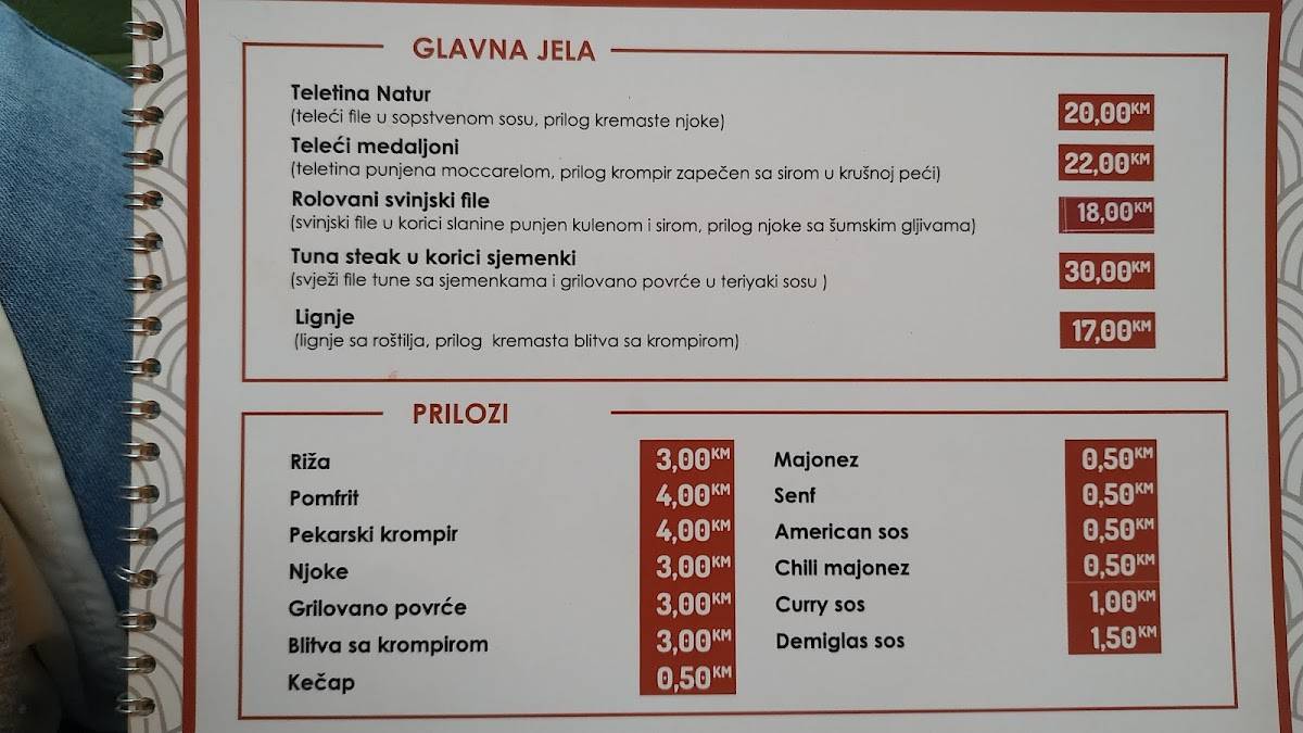 Menu at Visage cafe, Doboj