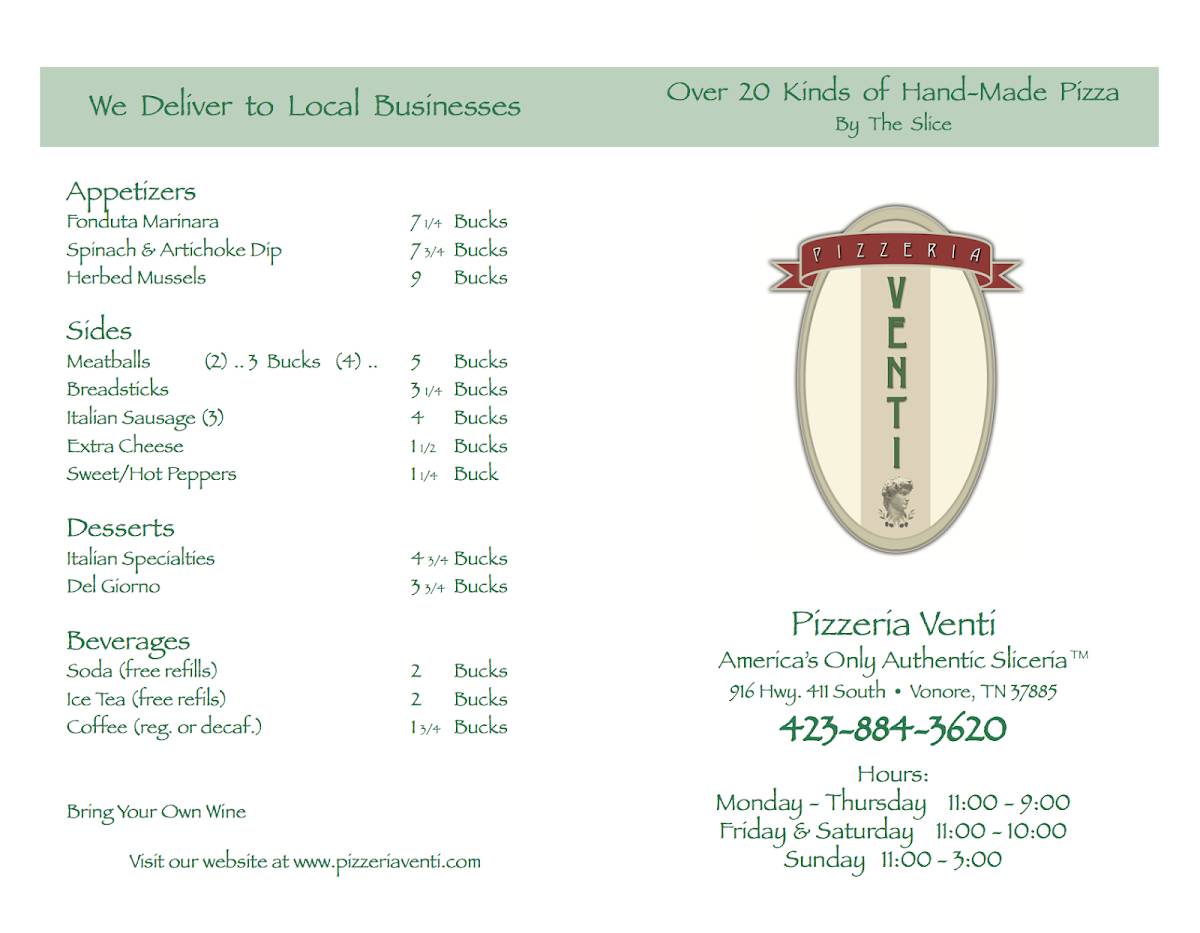 Menu at Pizzeria Venti, Vonore