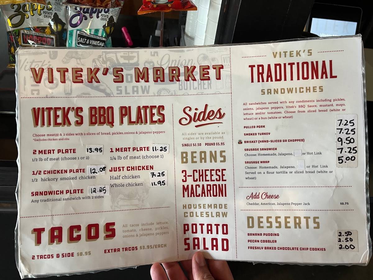 Menu at Vitek's BBQ, Waco