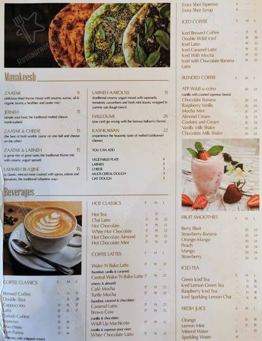 Menu at Wake and Bake cafe, Dubai