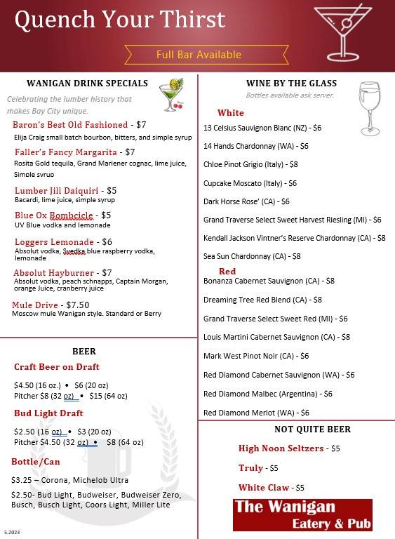 Menu at Wanigan Eatery and Pub, Bay City