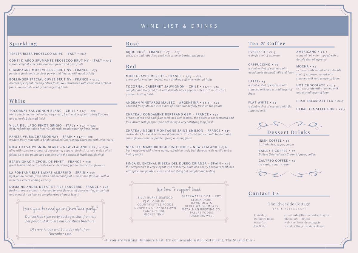 Menu at The Riverside Cottage pub & bar, Waterford, Knockboy Cross