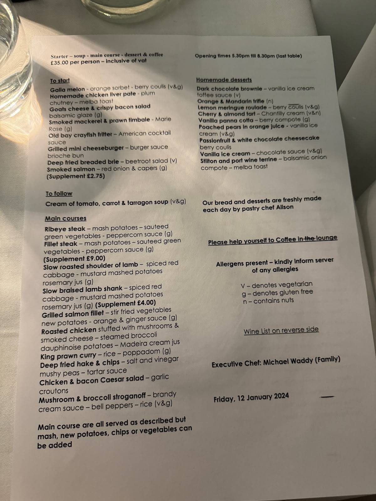 Menu at Watkins & Co restaurant, Llandudno