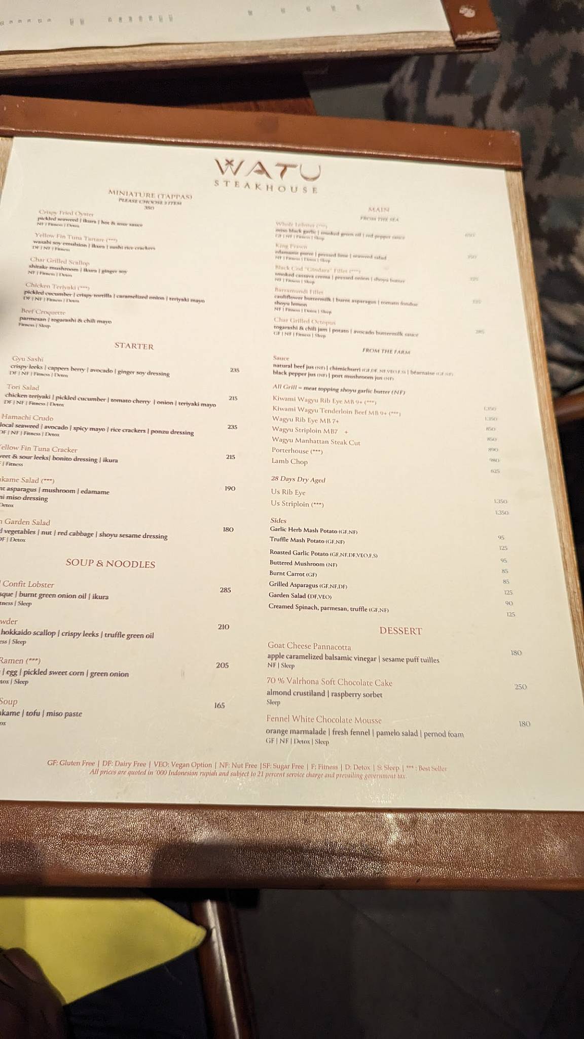 Menu at Watu Steakhouse at Six Senses Uluwatu, Bali, Pecatu