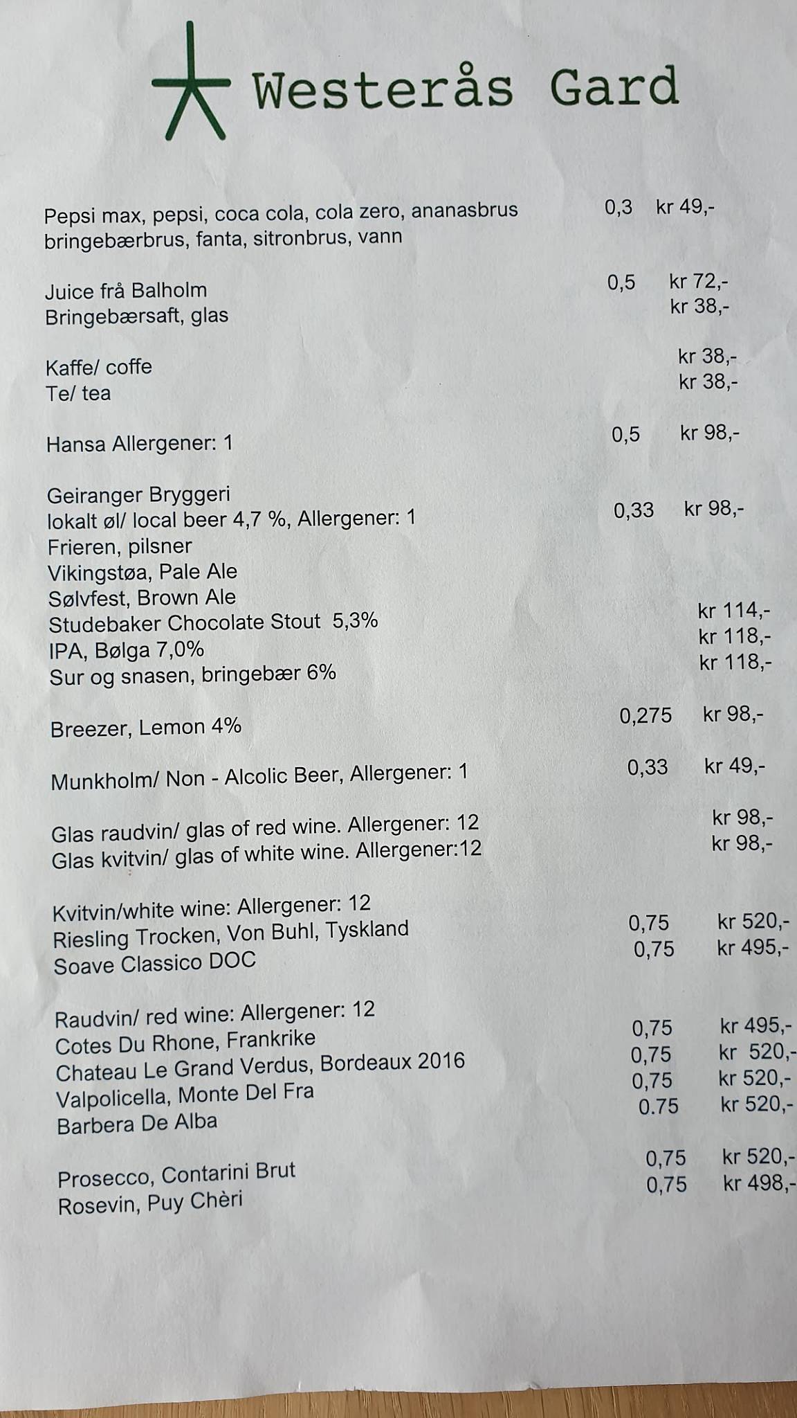 Menu at Westerås Restaurant, Geiranger
