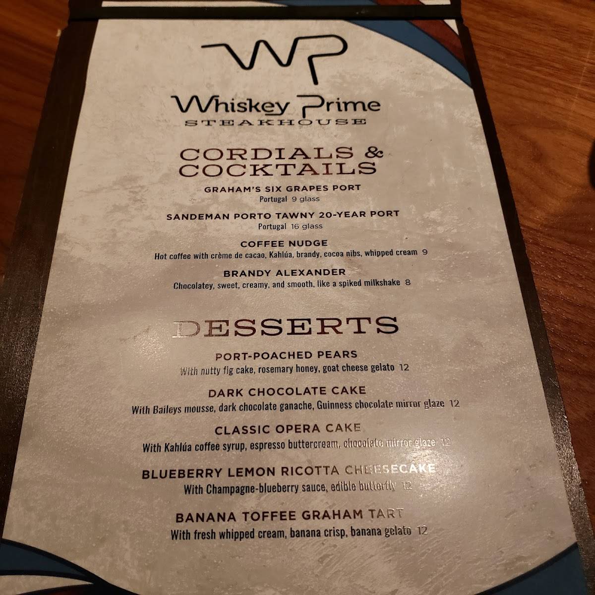 Menu at Whiskey Prime Steakhouse, Arlington