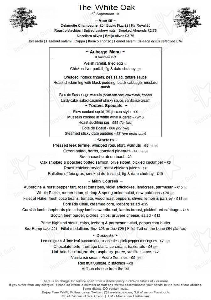Menu at The White Oak pub & bar, Cookham