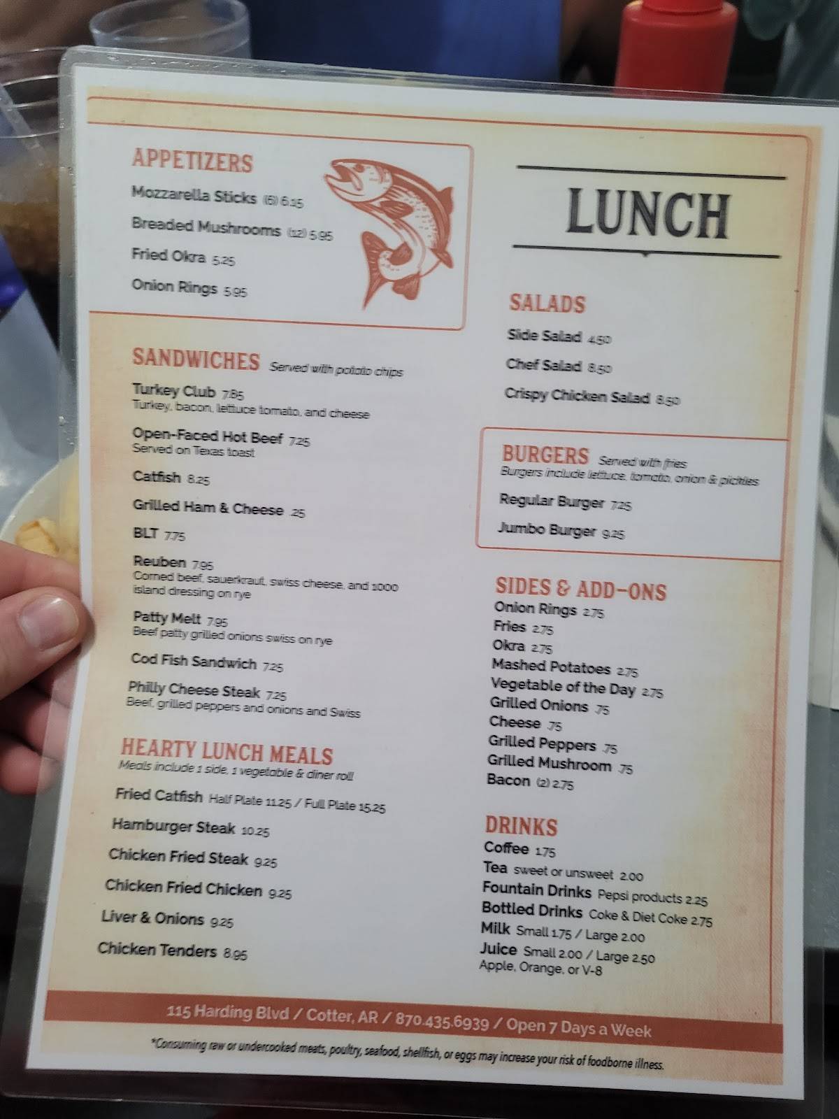 Menu at White Sands Cafe, Cotter