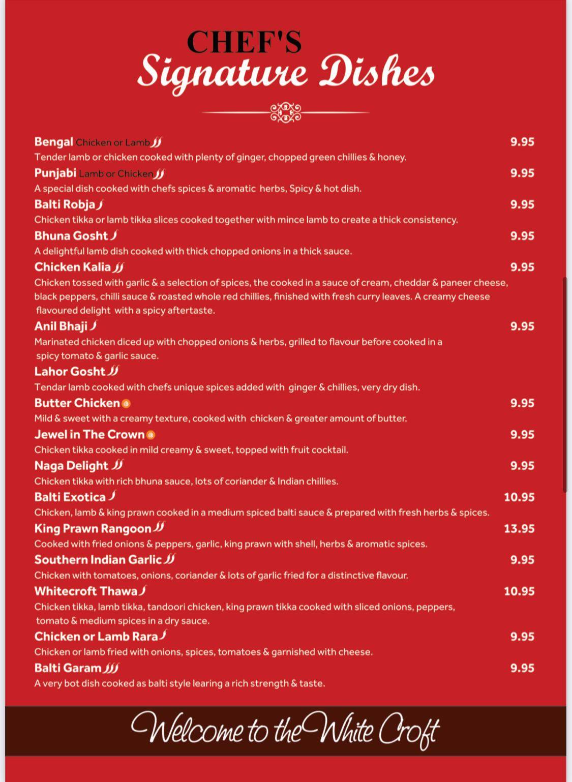 Menu at Whitecroft Indian Bar & Restaurant, Accrington