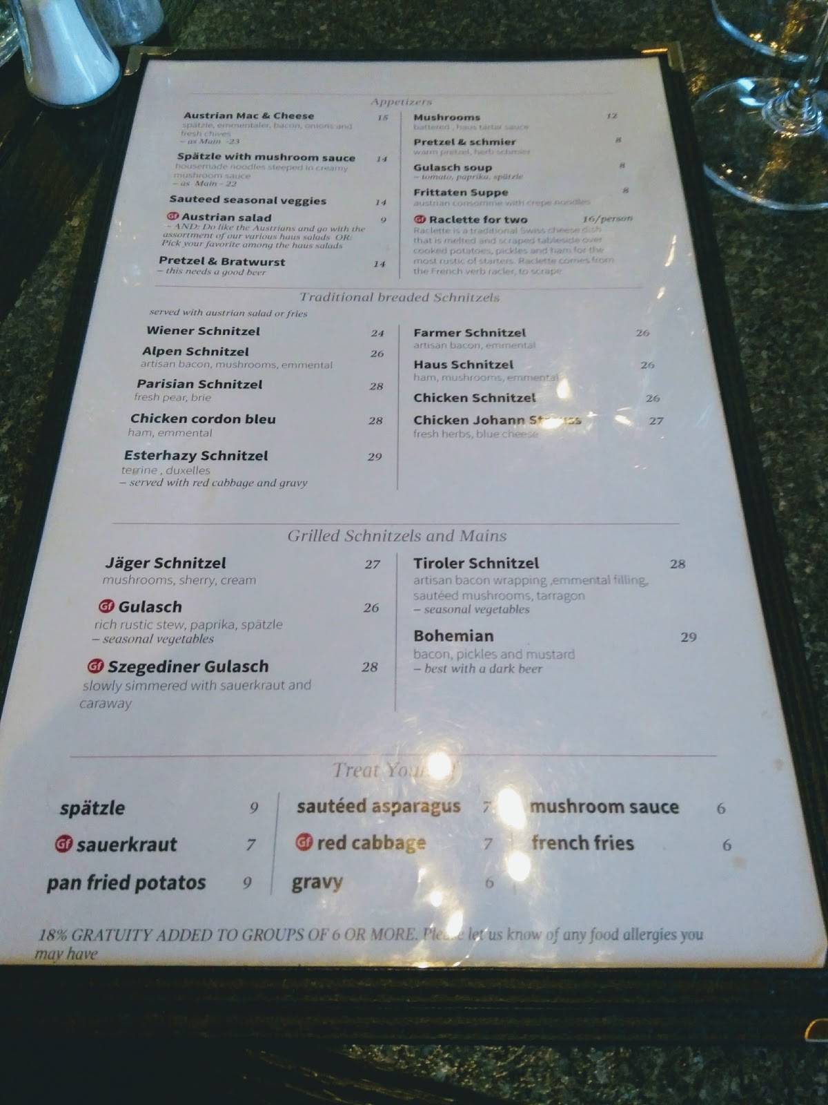 Menu at Wiener Schnitzel Haus restaurant, Calgary