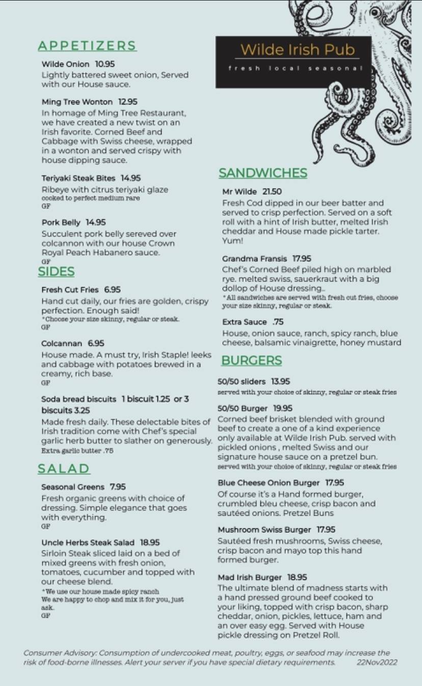 Menu at Wilde Irish Pub, Shelton