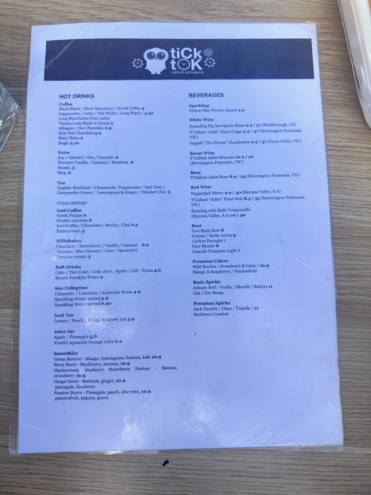 Menu at Tick Tok restaurant, Williamstown