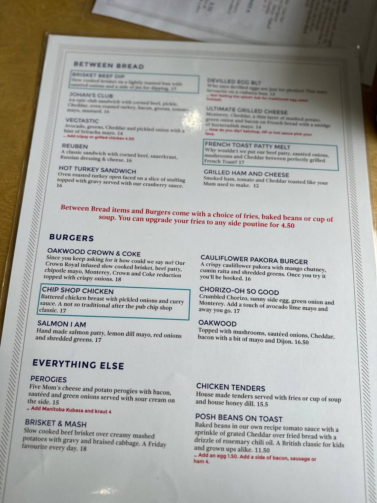 Menu at Oakwood Cafe, Winnipeg