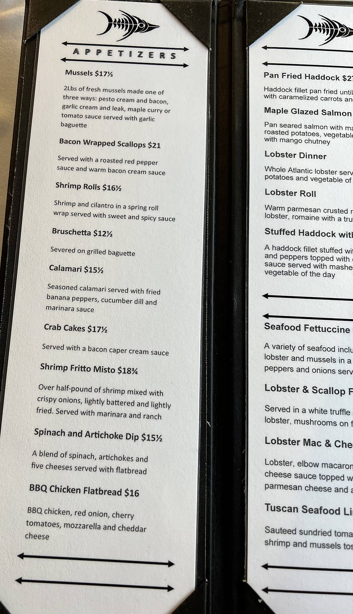Menu at Wolastoq Wharf restaurant, Fredericton