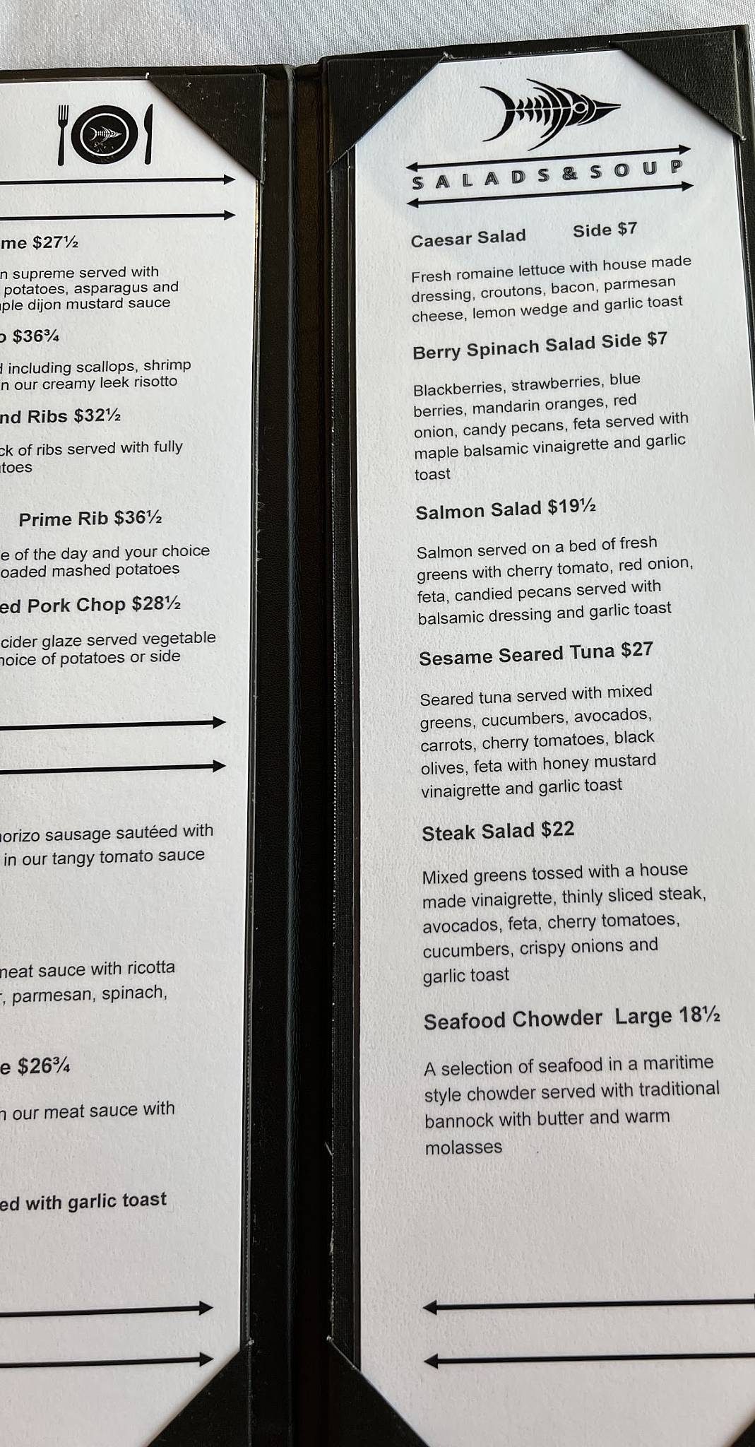 Menu at Wolastoq Wharf restaurant, Fredericton