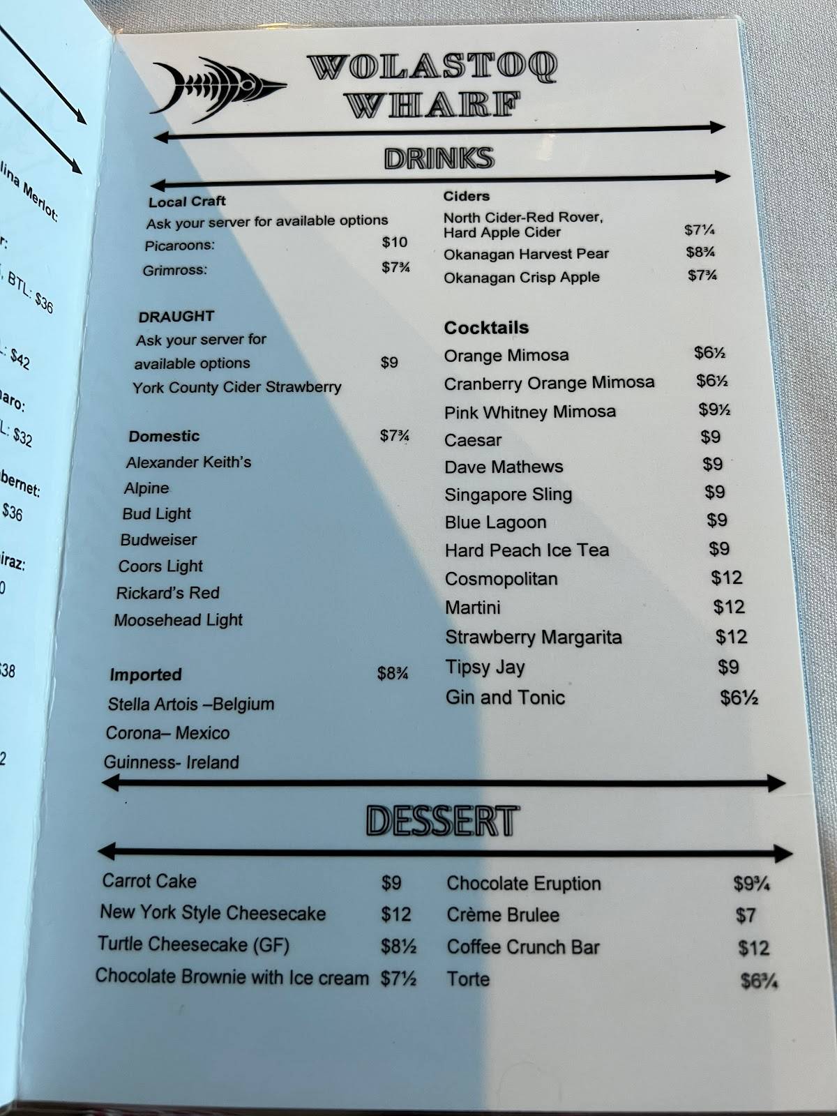 Menu at Wolastoq Wharf restaurant, Fredericton