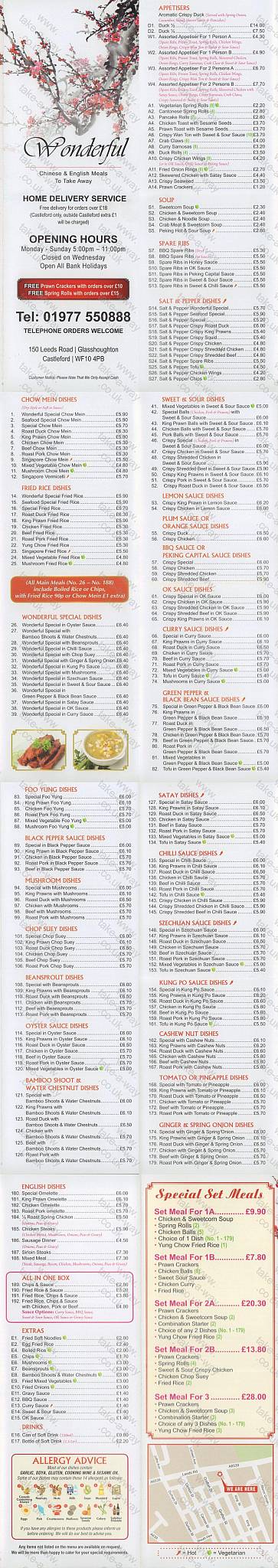 Menu at Wonderful Chinese Takeaway restaurant, Castleford