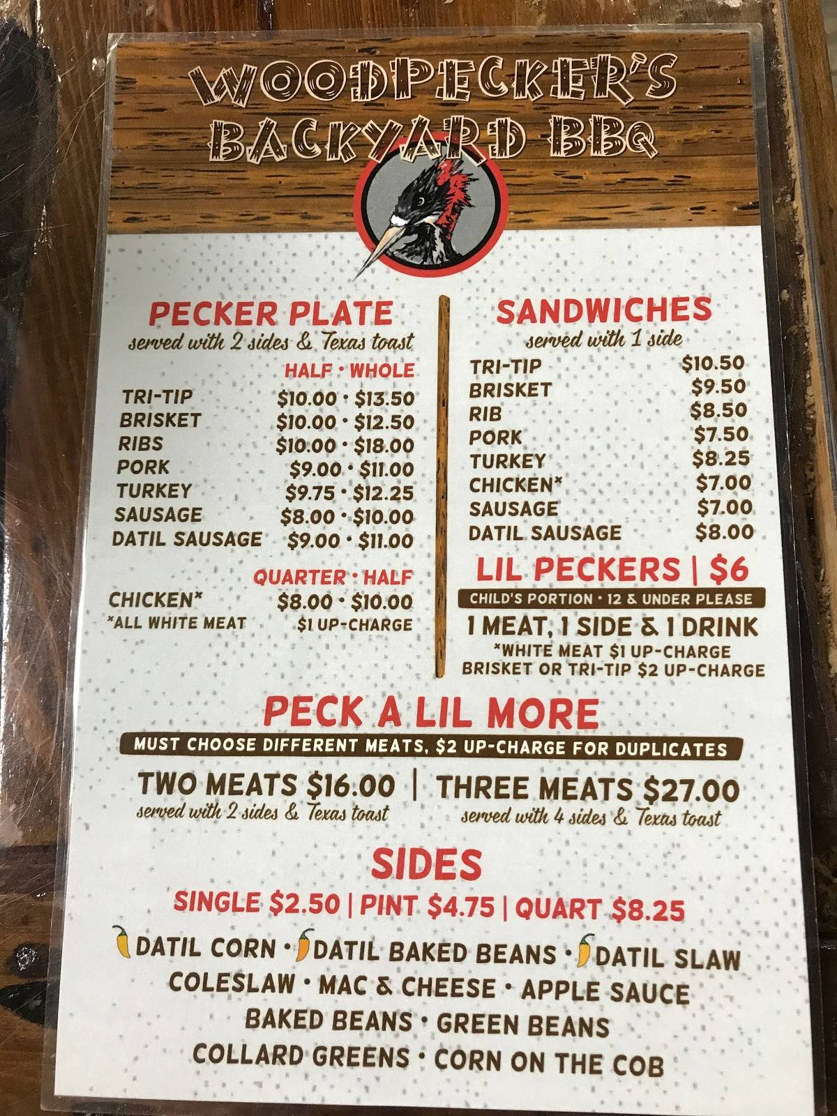 Menu at Woodpeckers Backyard BBQ, Jacksonville