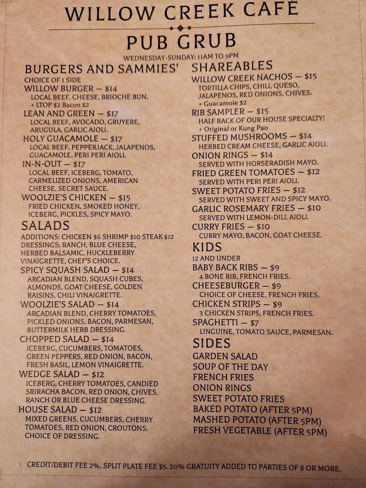 Menu at Woolzie's Willow Creek Cafe & Supper Club, Willow Creek