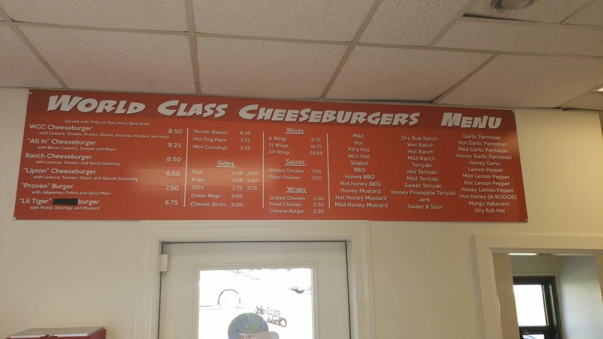 Menu at World Class Cheeseburgers restaurant, Seneca, 15951 Wells Hwy