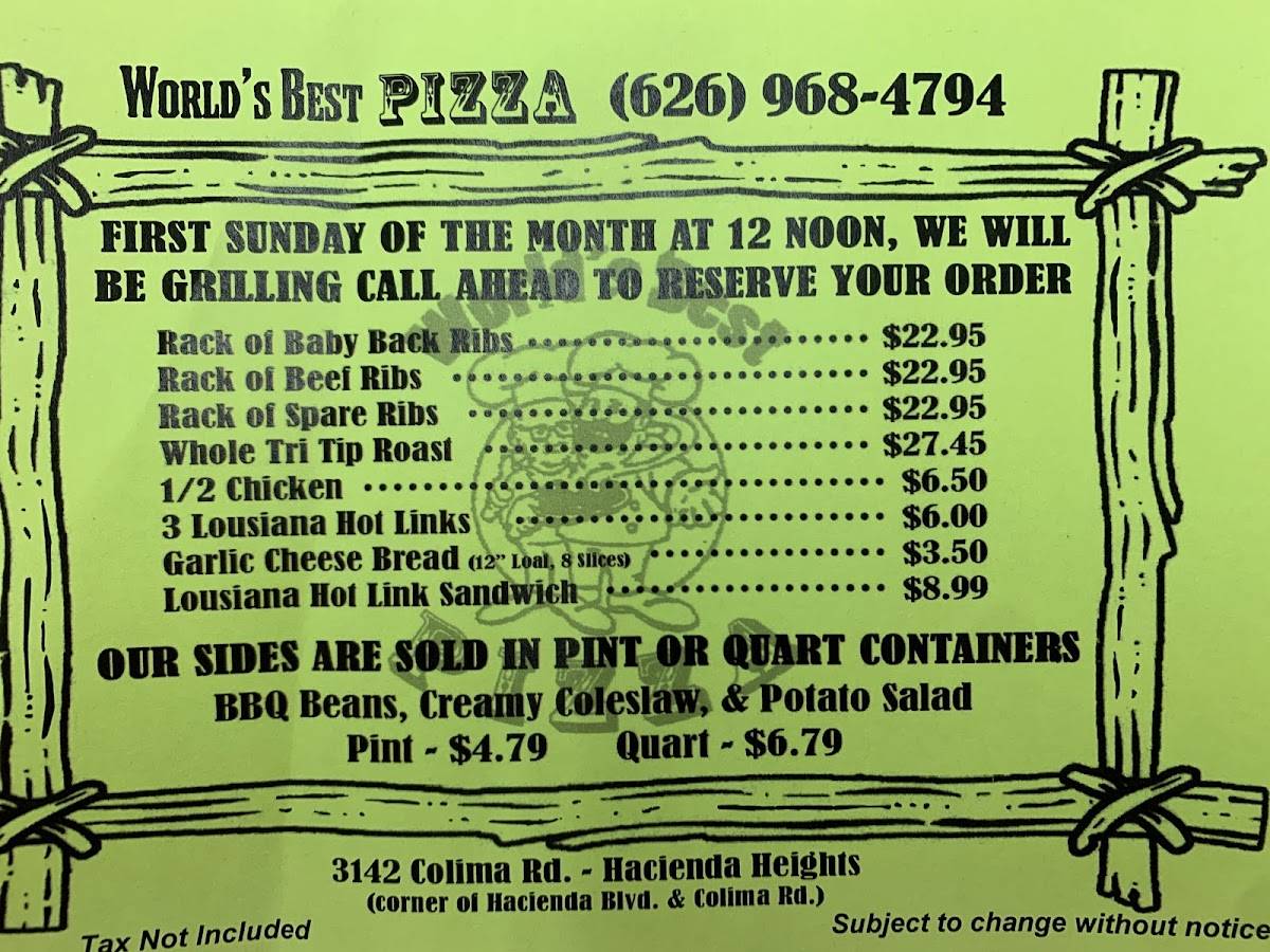 Menu at World's Best Pizza pizzeria, Hacienda Heights