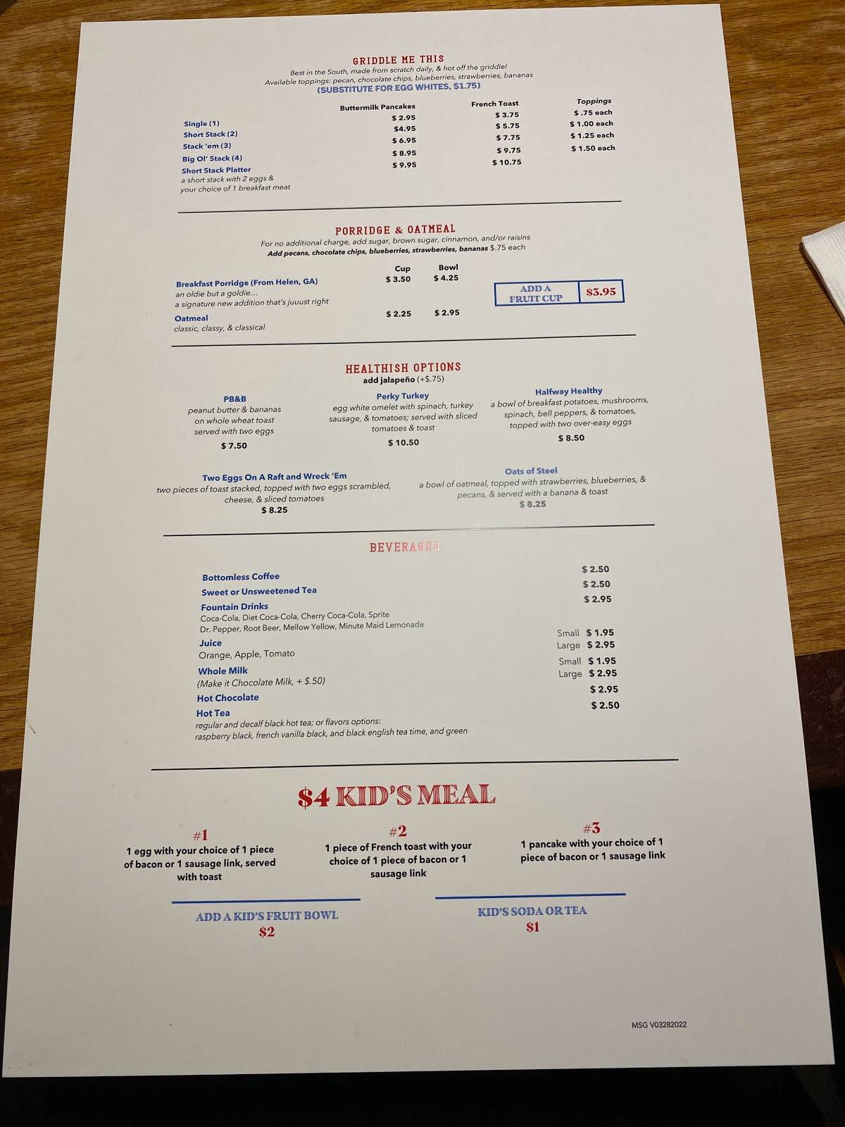 Menu at Mary's Southern Grill restaurant, Young Harris