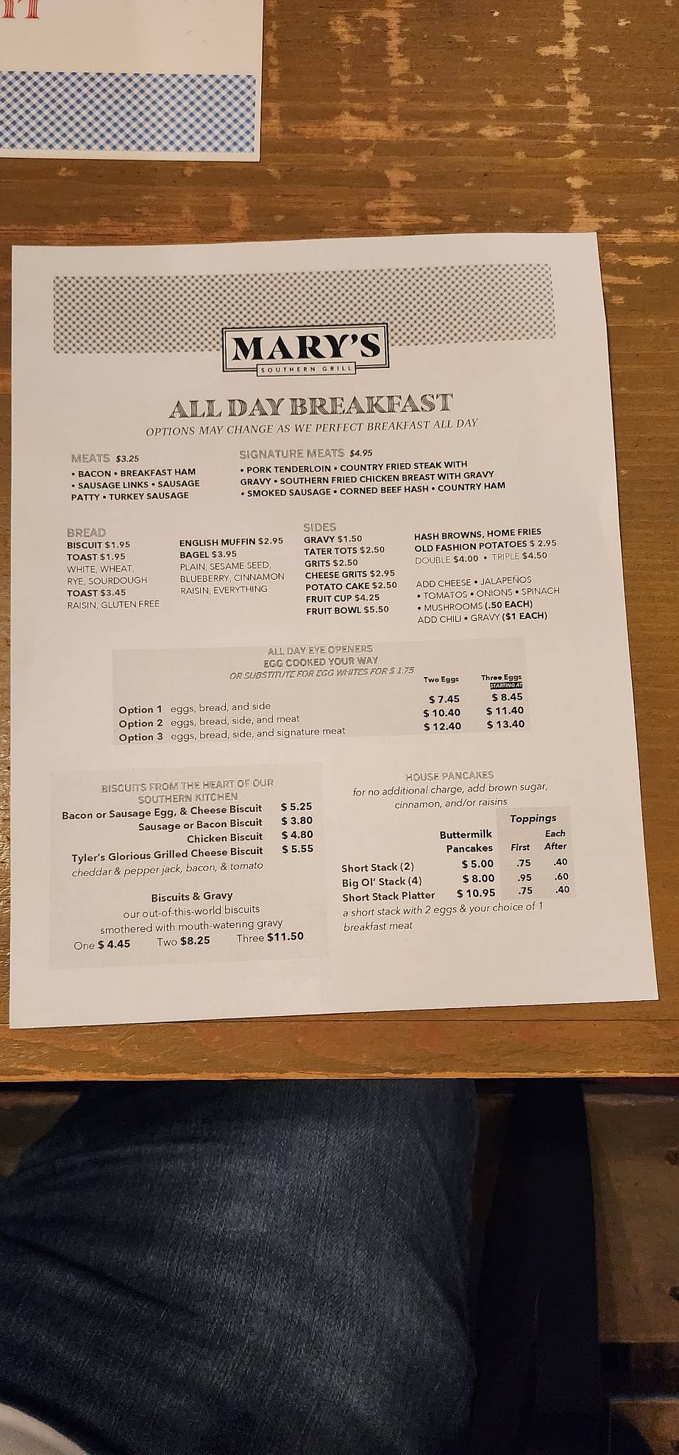 Menu at Mary's Southern Grill restaurant, Young Harris