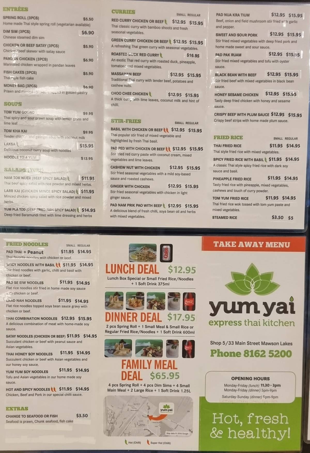 Menu at Yum Yai Express Thai Kitchen restaurant, Mawson Lakes