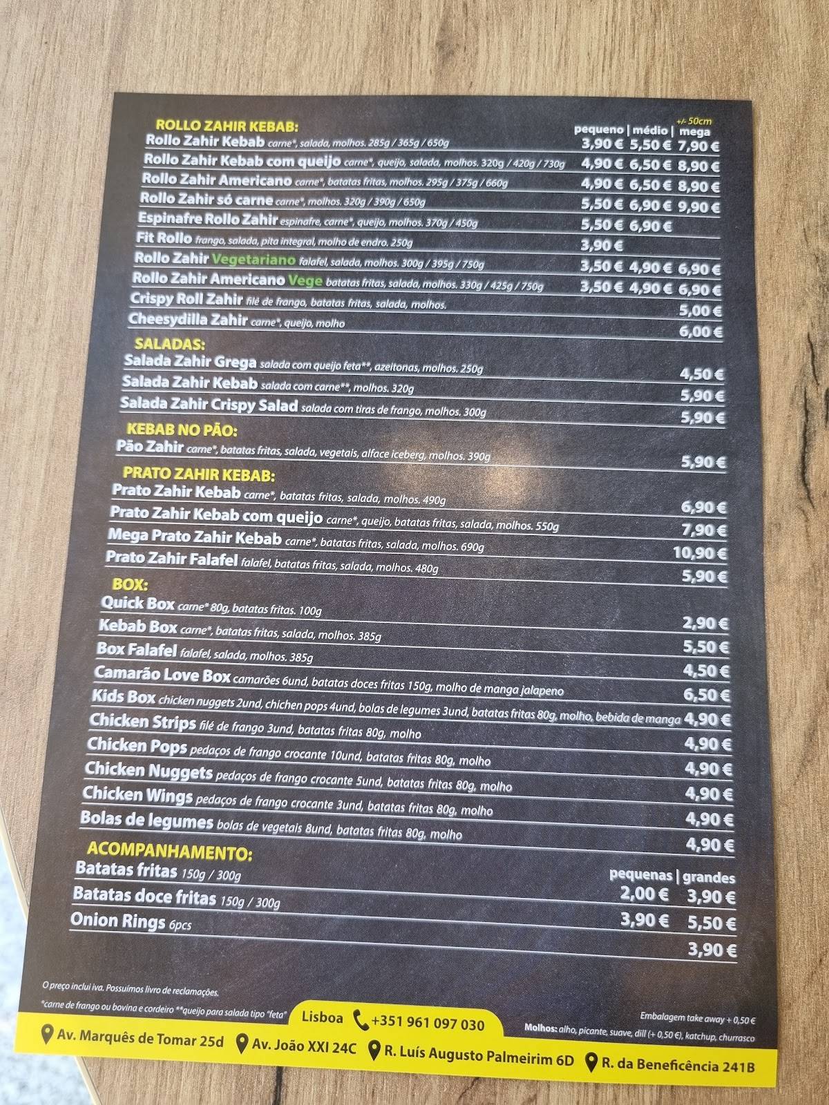 Menu em Zahir Kebab restaurante de fast food, Lisboa, Av. Marquês de ...