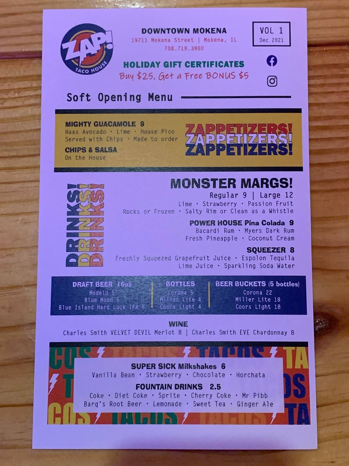 Menu at Zap! Taco House restaurant, Mokena