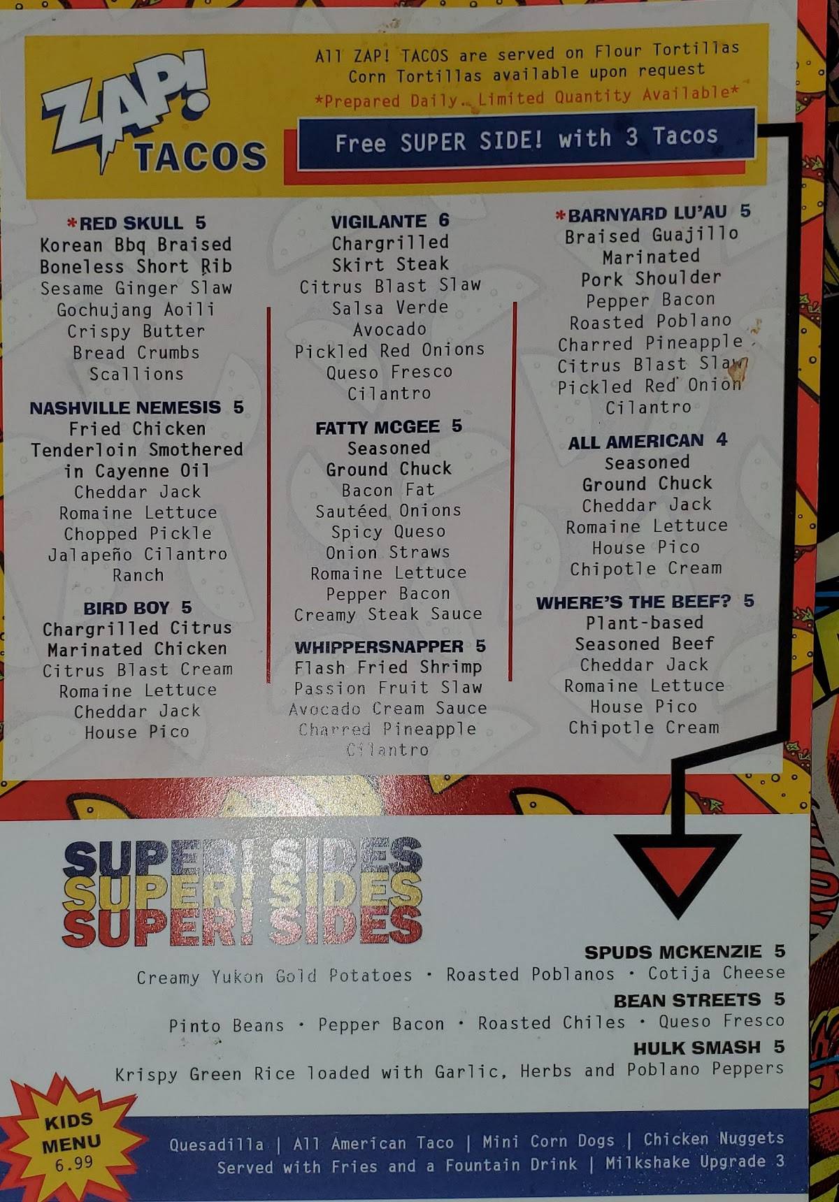 Menu at Zap! Taco House restaurant, Mokena