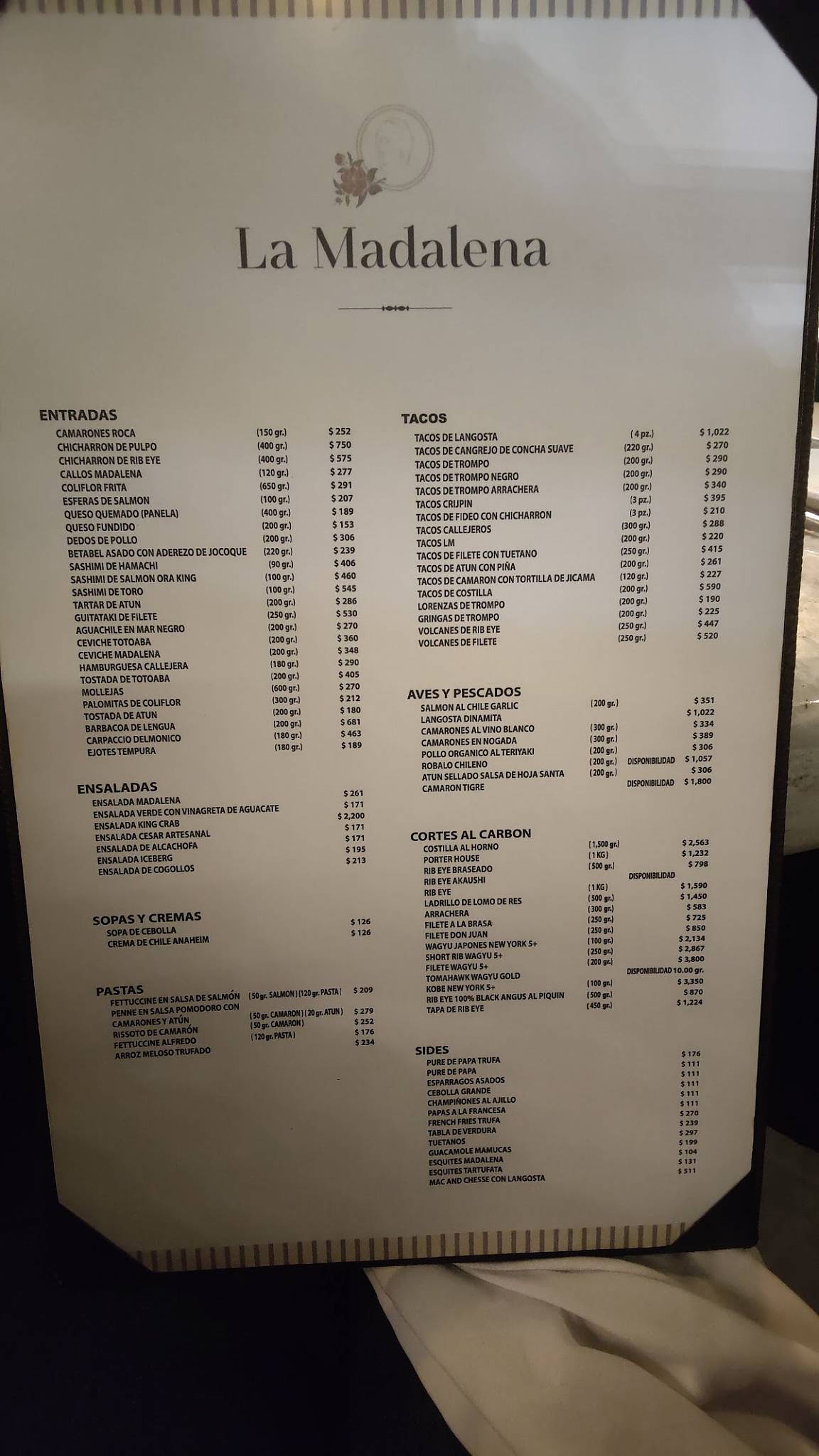 Carta del restaurante La Madalena Guadalajara, Zapopan