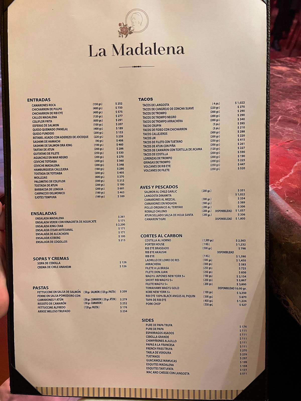 Carta del restaurante La Madalena Guadalajara, Zapopan