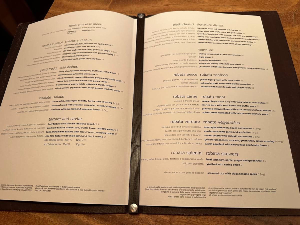 Carta del restaurante Zuma Rome, Roma