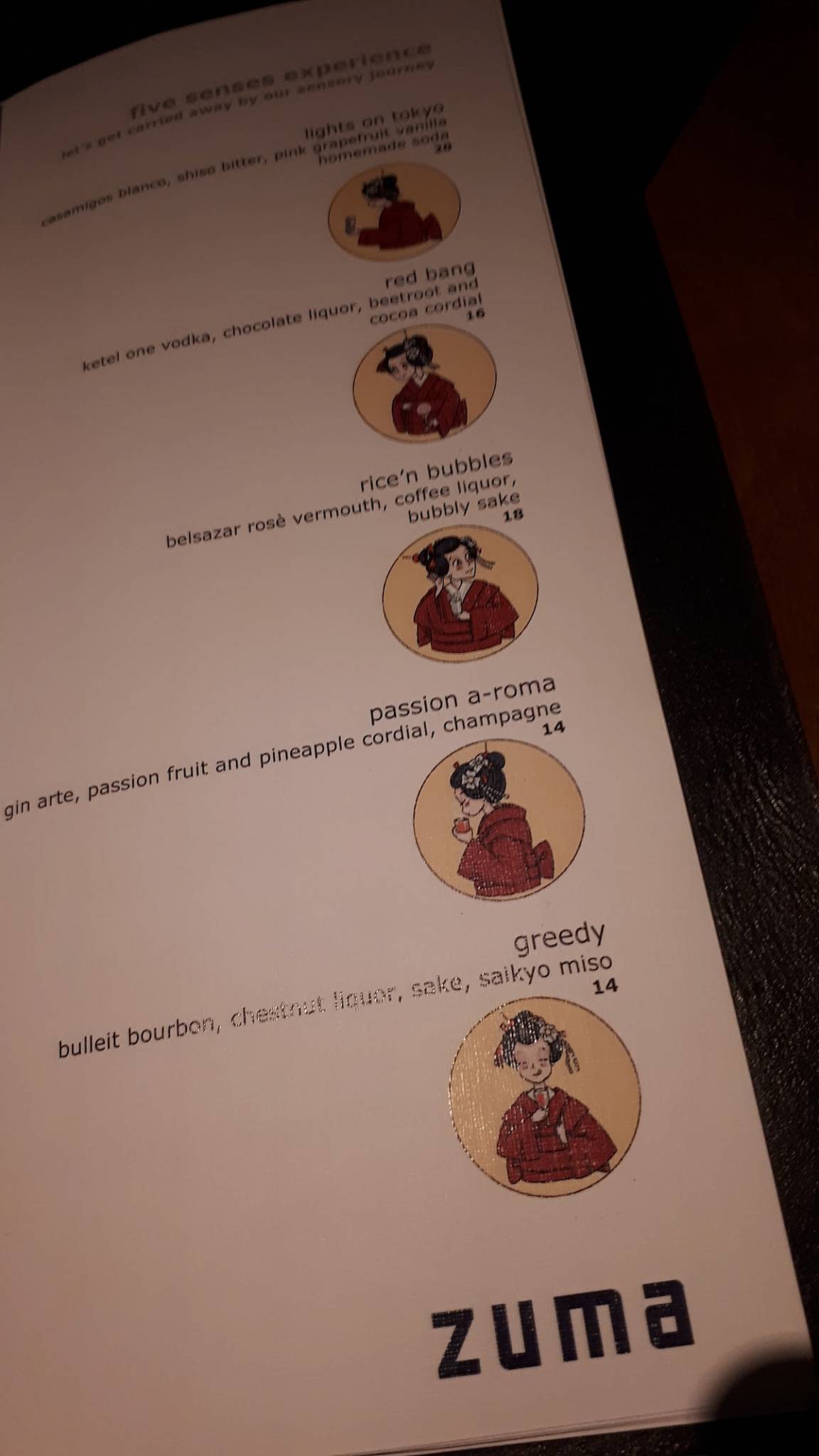 Menu da Zuma ristorante, Roma