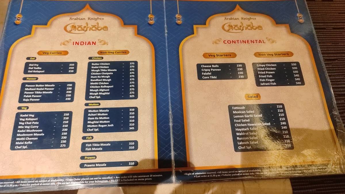 Menu at arabian knight's MARHABA MANDI, Hyderabad