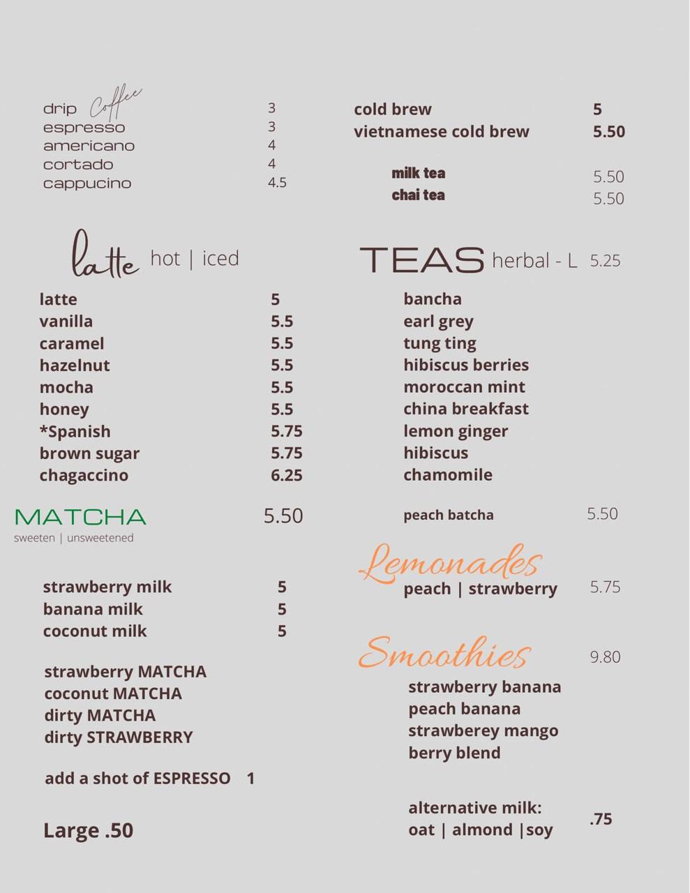Menu at café Persona cafe, Los Angeles