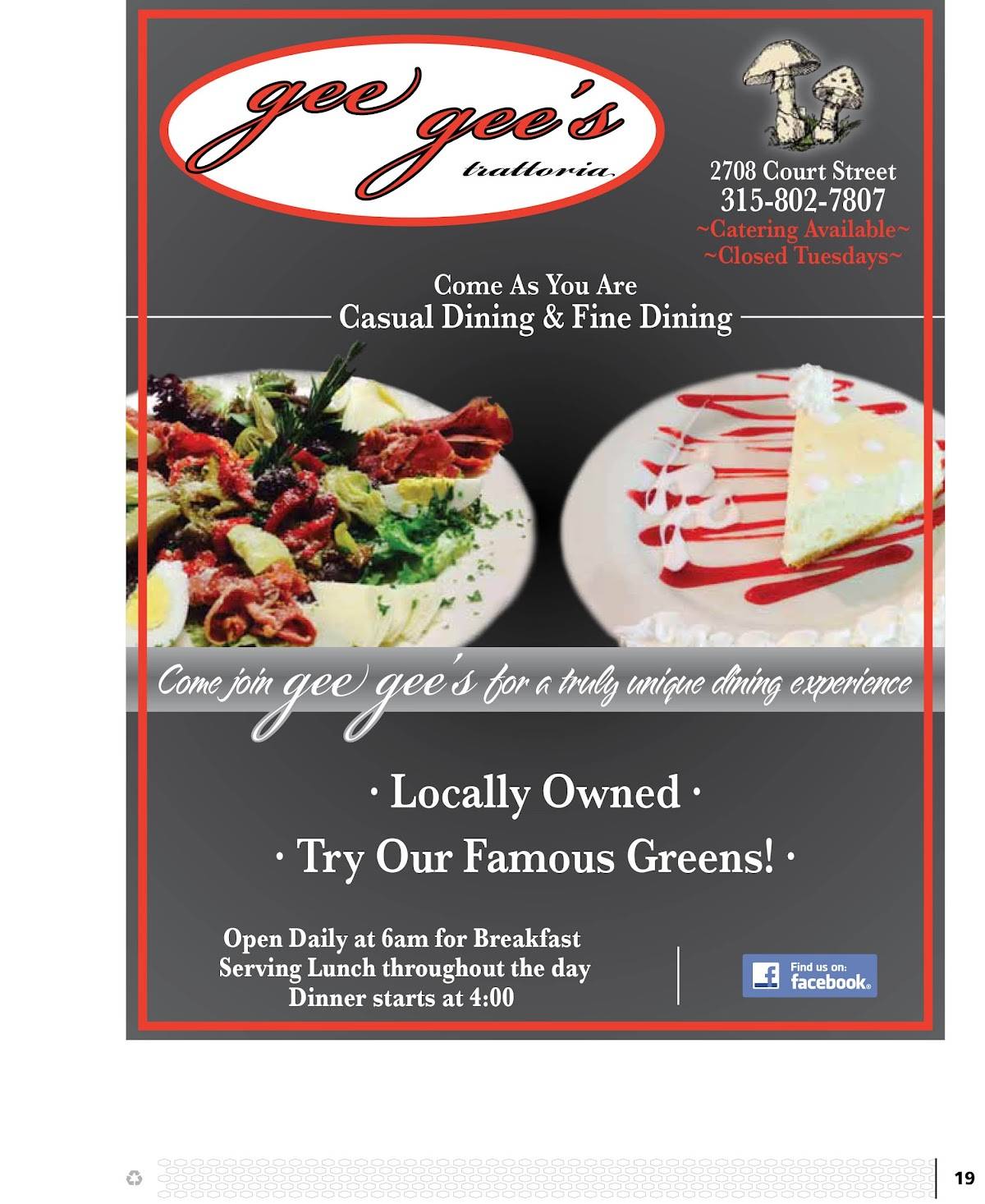 Menu at gee gee's steakhouse, Syracuse, Court St