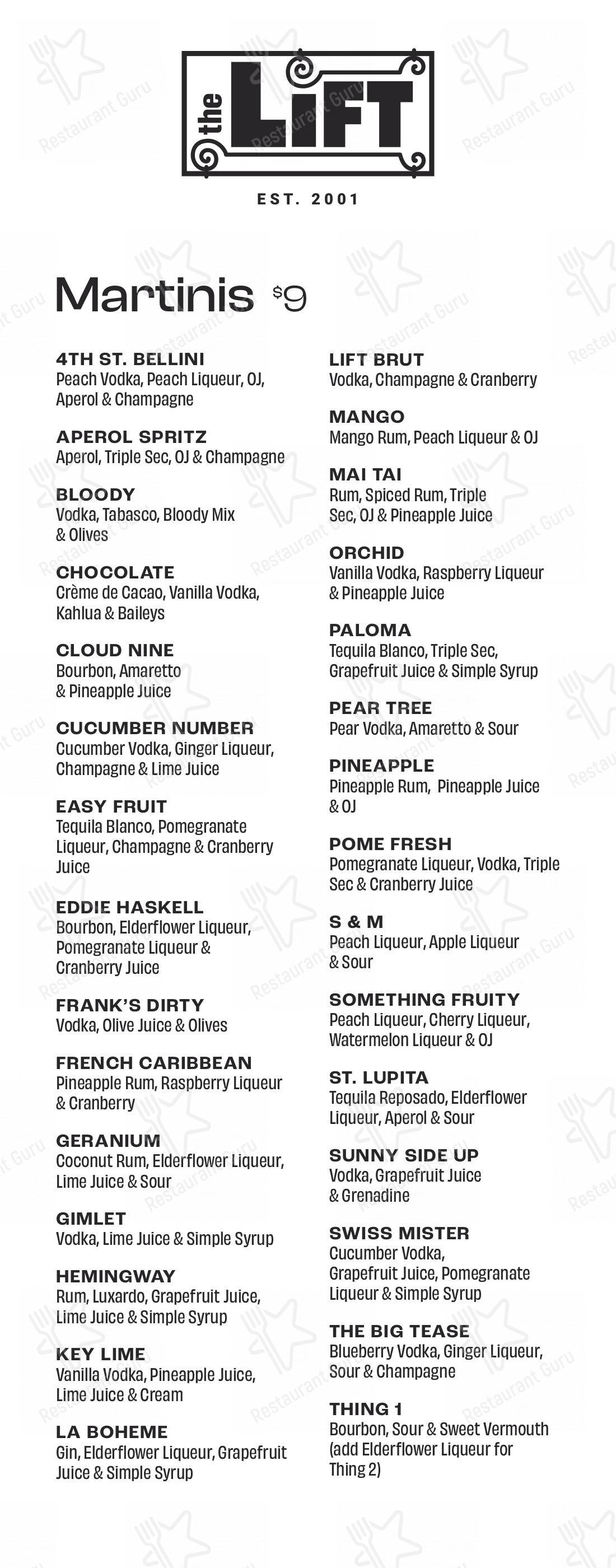 Menu at the LiFT pub & bar, Des Moines
